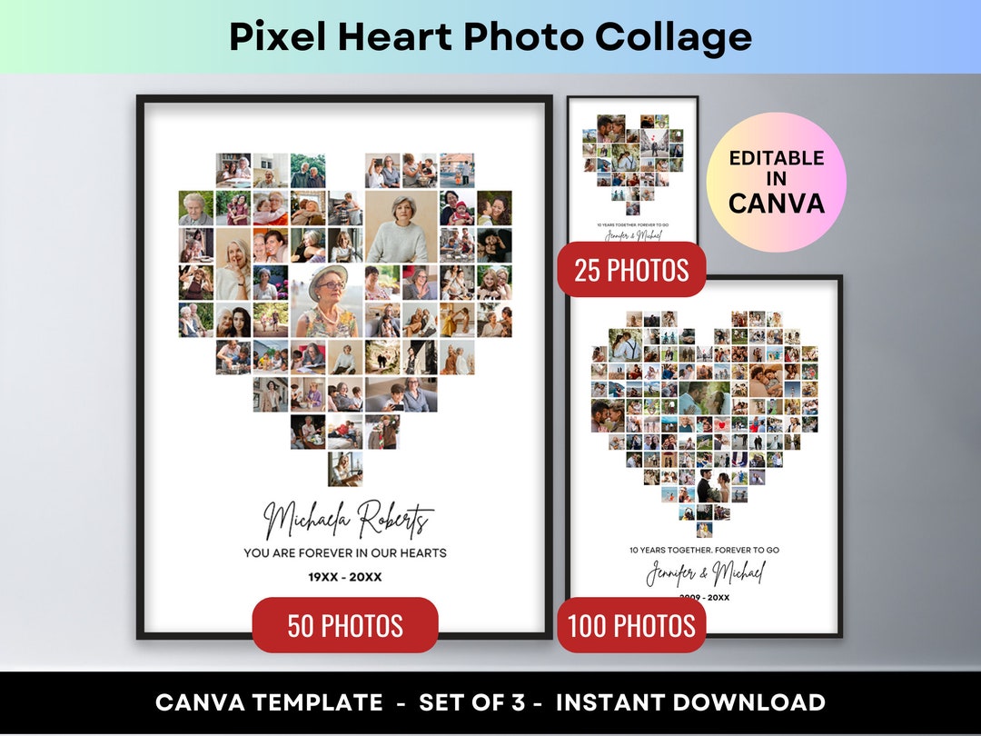 Heart Photo Collage Poster Pixel Love Shape Personalized Valentine's ...