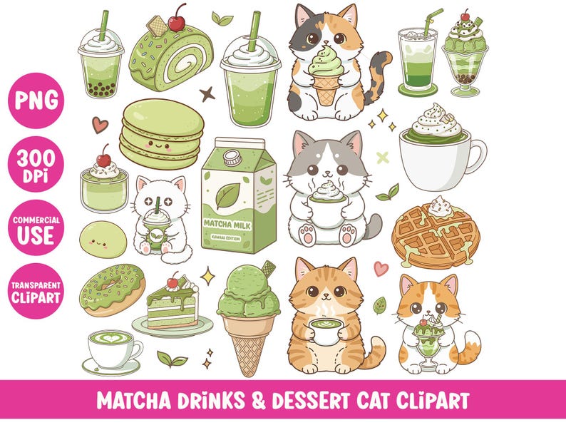 Kawaii Cat Clipart Matcha Drinks Sweet Dessert Png Kitty Bundle Green ...
