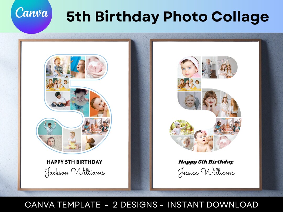 5th Birthday Number 5 Photo Collage Canva Template Printable Poster ...