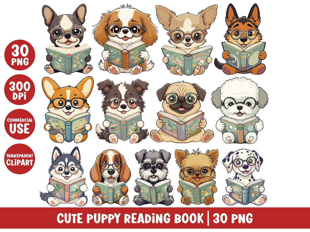 Cute Dog Reading Book Watercolor Clipart Bookish Puppy PNG Kawaii Dog ...