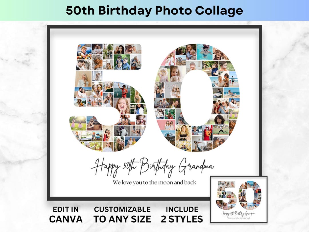 50th Birthday Number 50 Photo Collage Printable Canva Frame Template ...