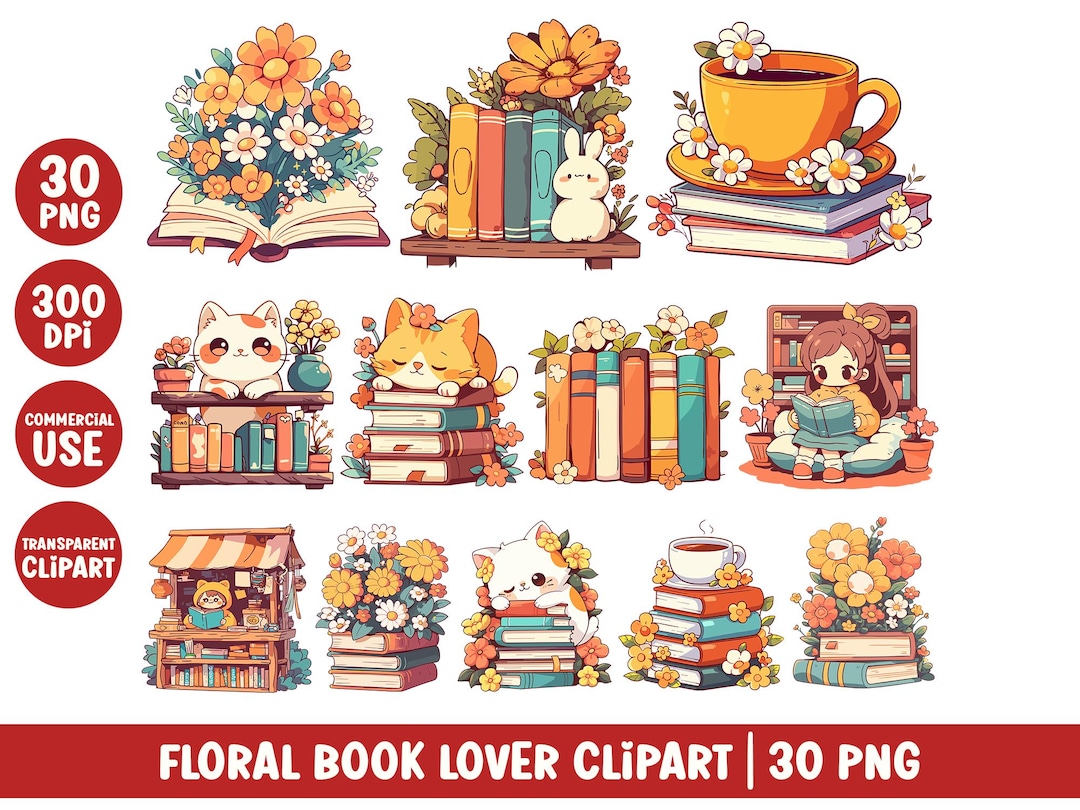 Floral Book Lover Clipart Cute Bookish Flower PNG Reading Cartoon ...