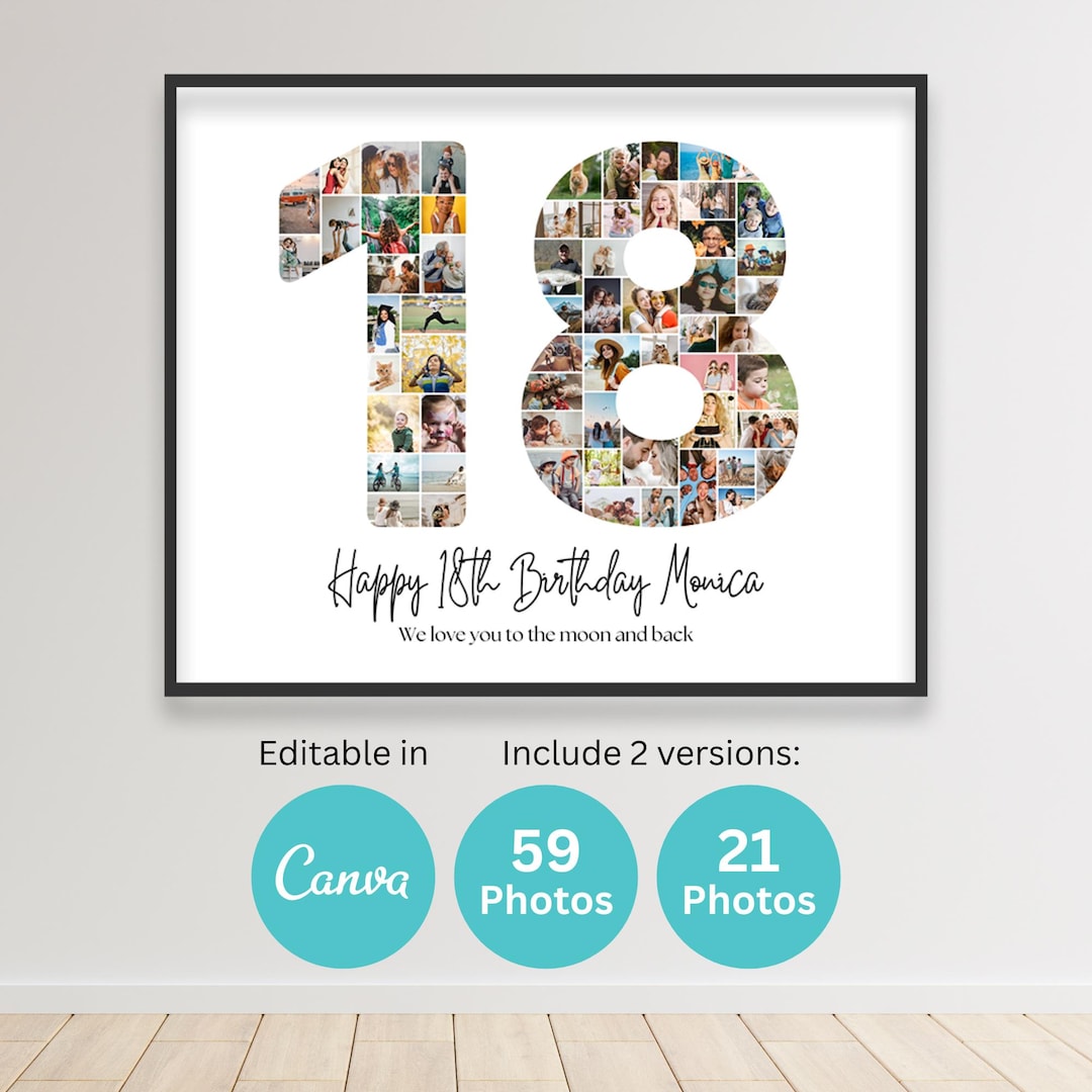 18th Birthday Number 18 Photo Collage Printable Canva Frame Template ...