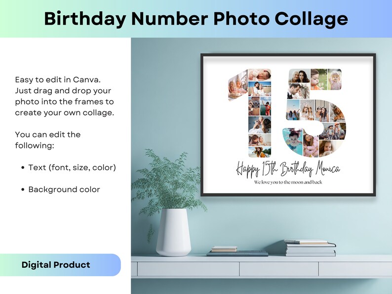 15th Birthday Number 15 Photo Collage Printable Canva Frame Template ...
