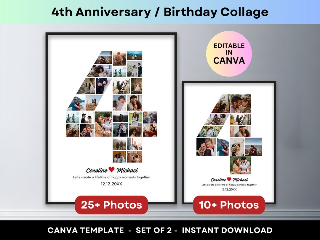 4th Anniversary Number 4 Photo Collage 4th Birthday Gift Personalized ...