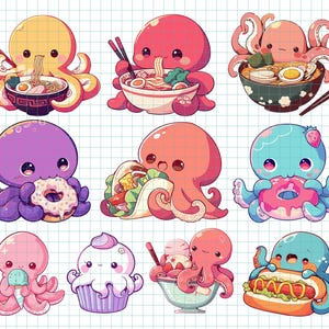 Kawaii Octopus Clipart Cute Octopus With Food and Drink PNG Digital ...