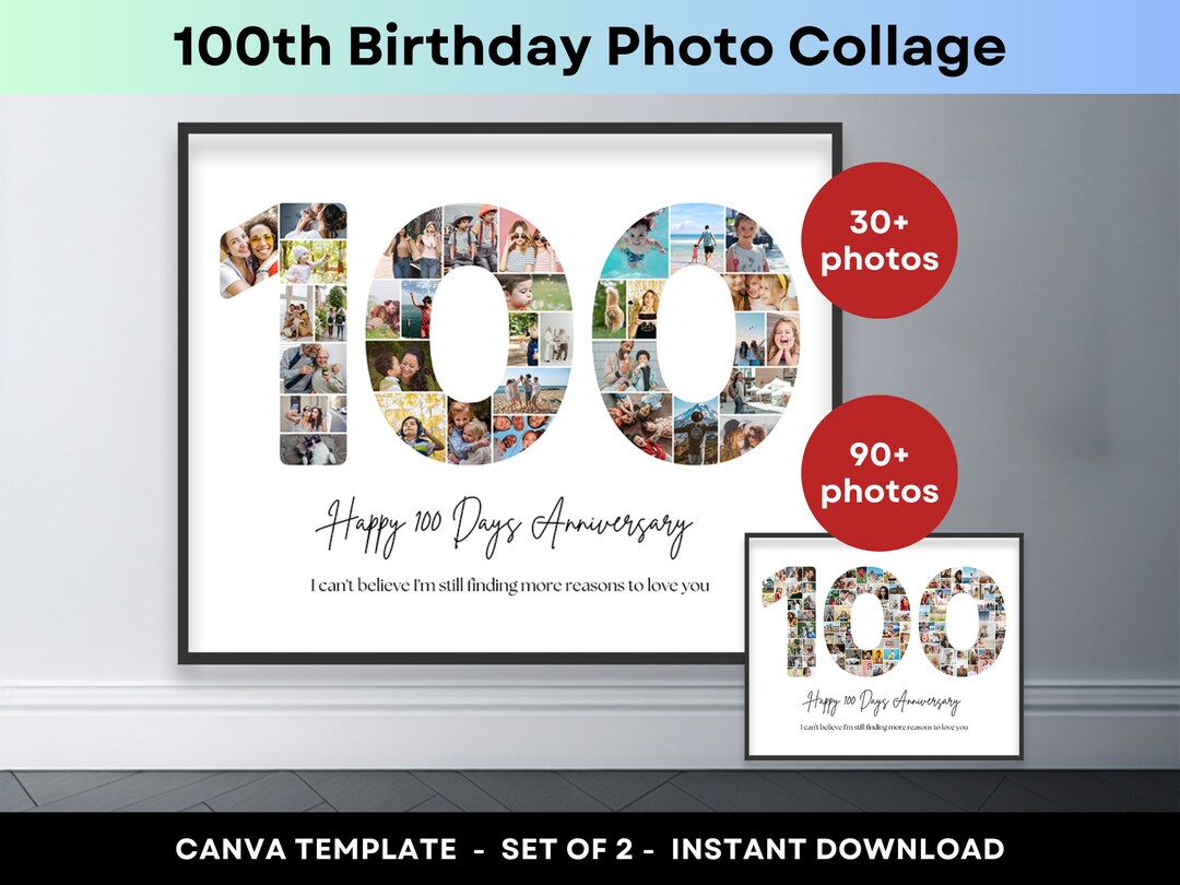 100th Birthday Number 100 Photo Collage Printable Canva Frame Template ...