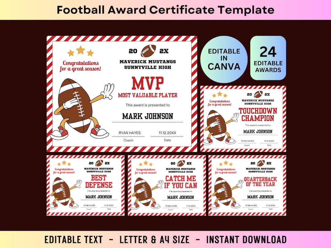 Football Certificate Editable Kids Football Team Awards Canva Template ...