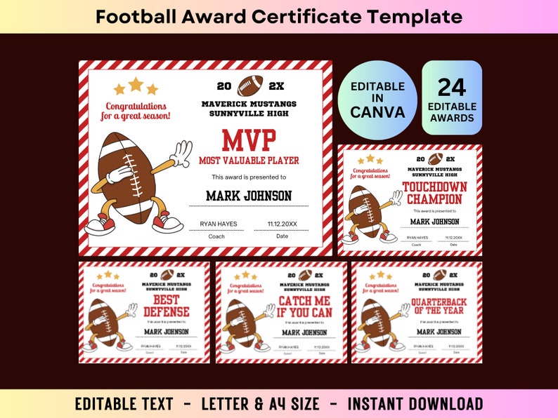 Football Certificate Editable Kids Football Team Awards Canva Template ...