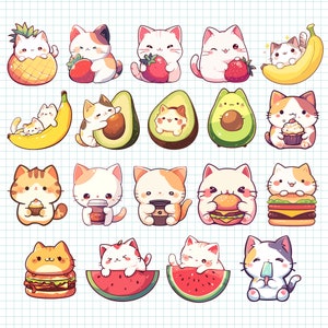 Kawaii Cat and Food PNG Bundle Cute Kitten Clipart Set Cat Lover Cat ...