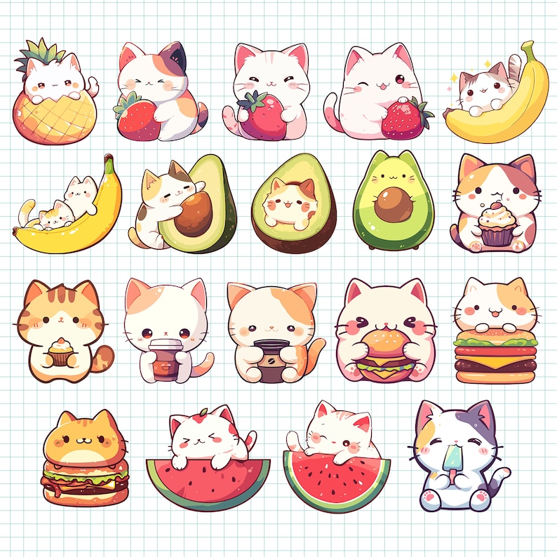 Kawaii Cat and Food PNG Bundle Cute Kitten Clipart Set Cat Lover Cat ...