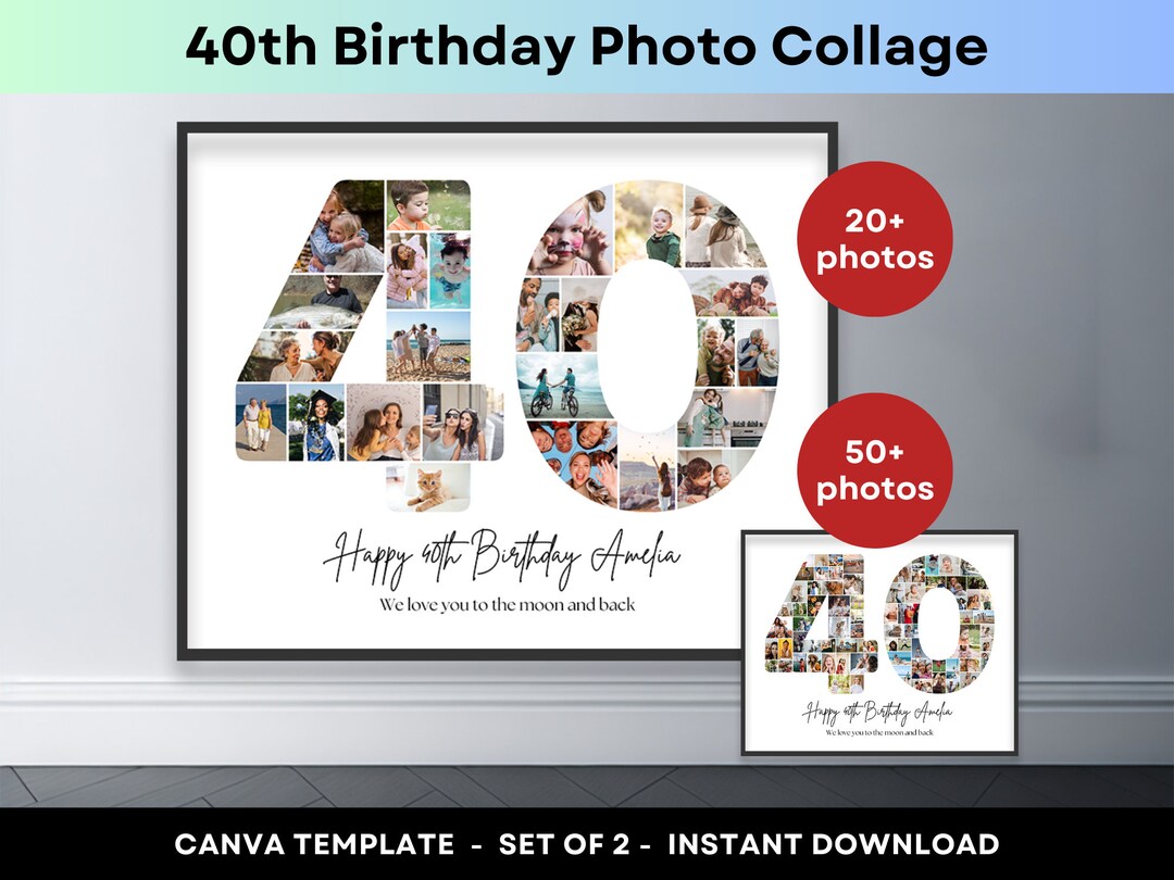 40th Birthday Number 40 Photo Collage Printable Canva Frame Template ...