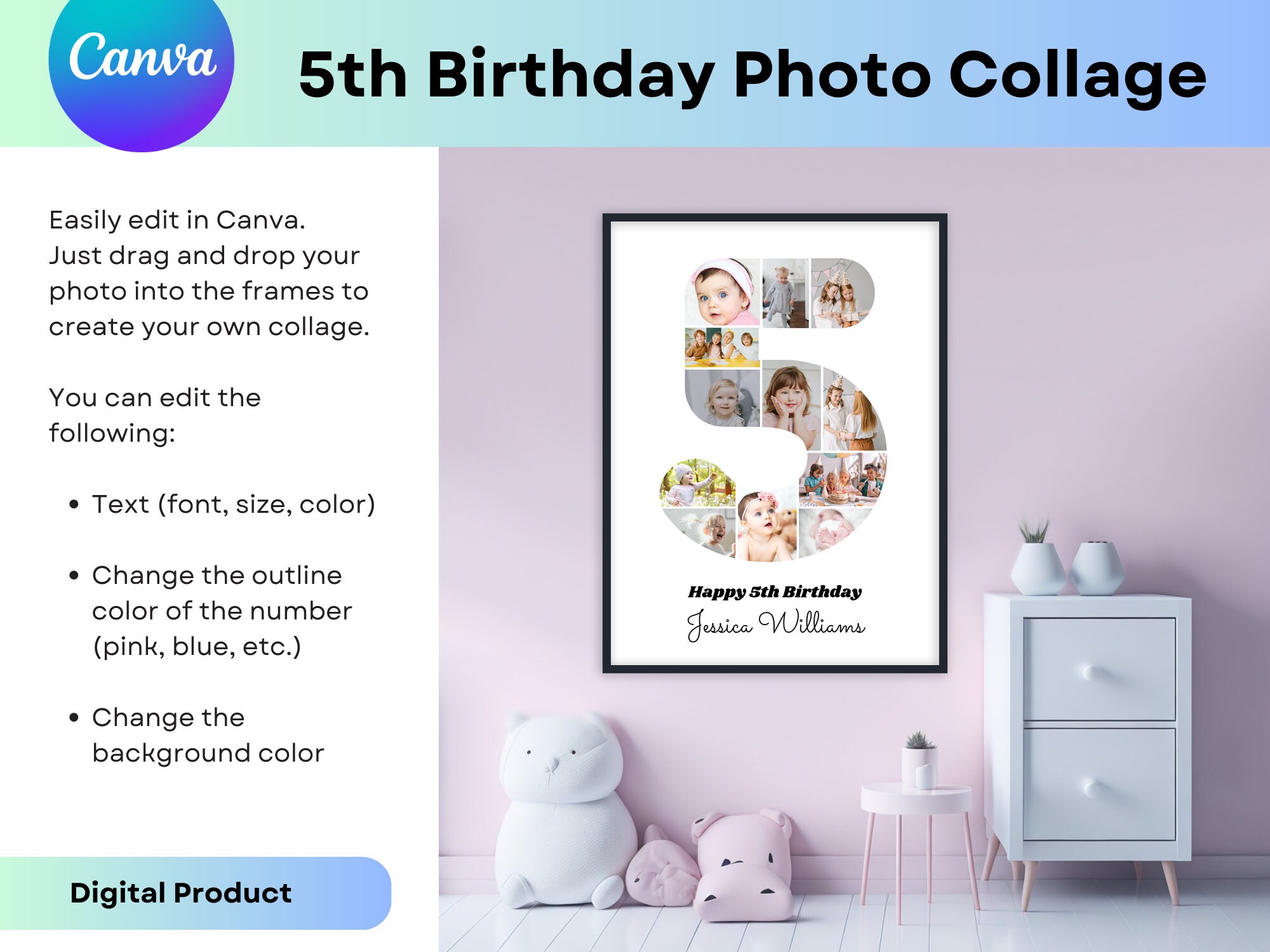 5th Birthday Number 5 Photo Collage Canva Template Printable - Etsy