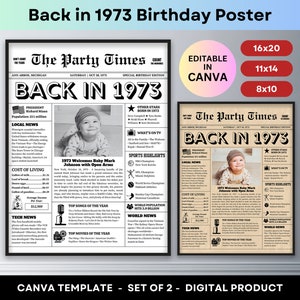 50th Birthday Newspaper Back in 1973 Printable Poster Personalized Gift ...
