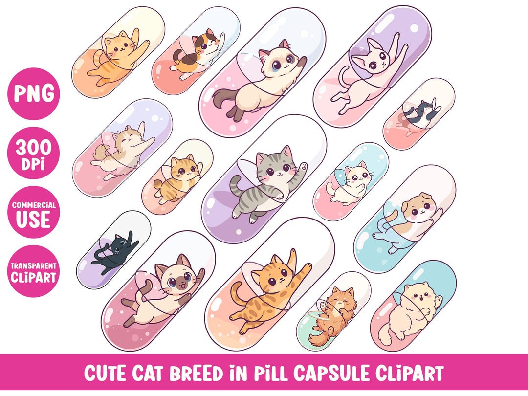Cute Cat Pill Capsule Clipart Kawaii Antidepressant Png Bundle Kitty ...