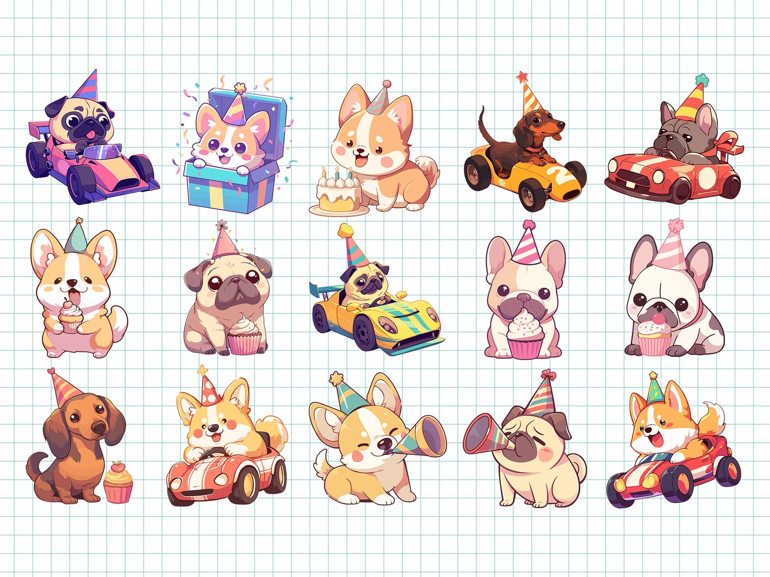 Cute Dog Birthday Party Clipart PNG Bundle Set Kawaii Puppy Dog Breed ...