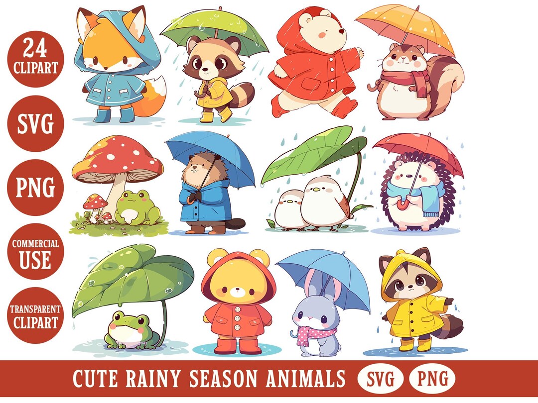 Rainy Day Animal Clipart Cute Woodland Creature PNG Kawaii Animals With ...