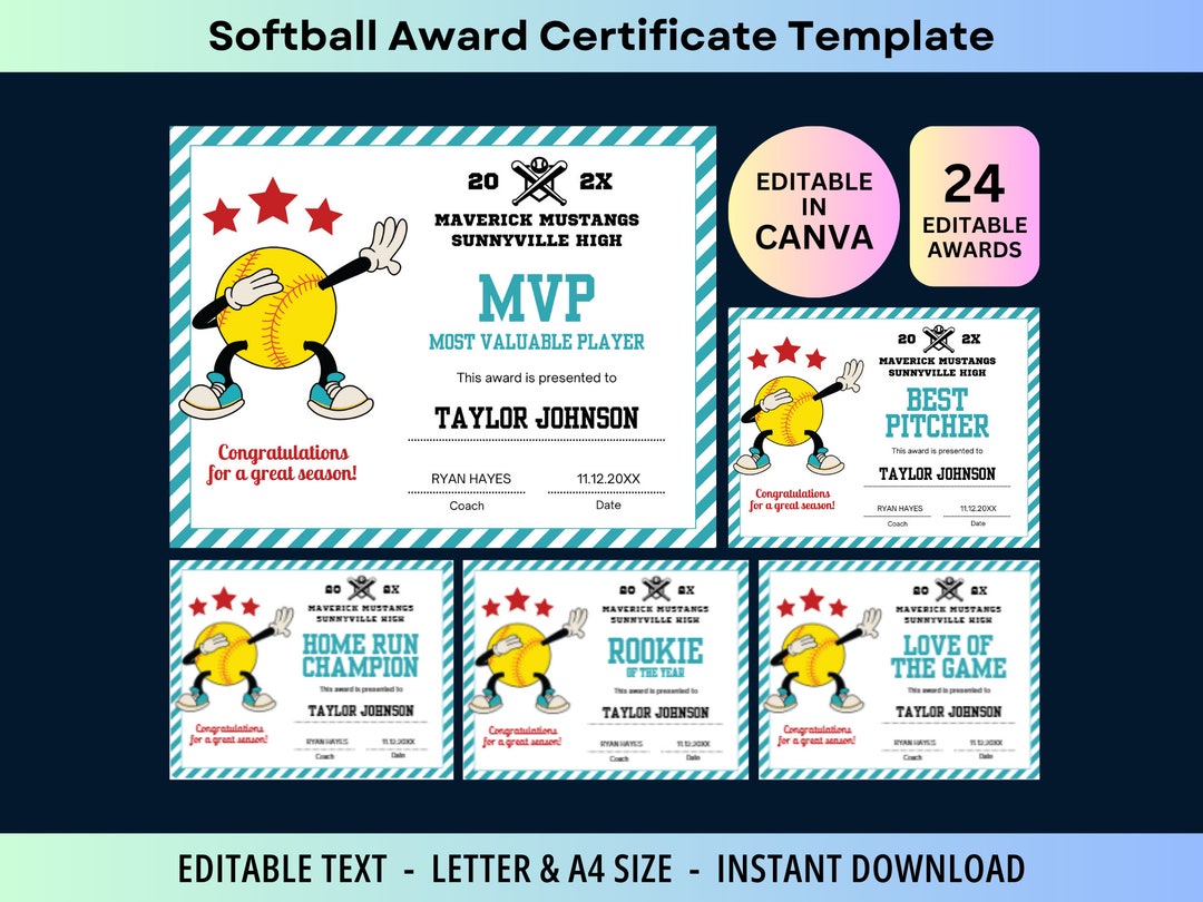 Softball Certificate Editable Kids Softball Team Awards Canva Template ...