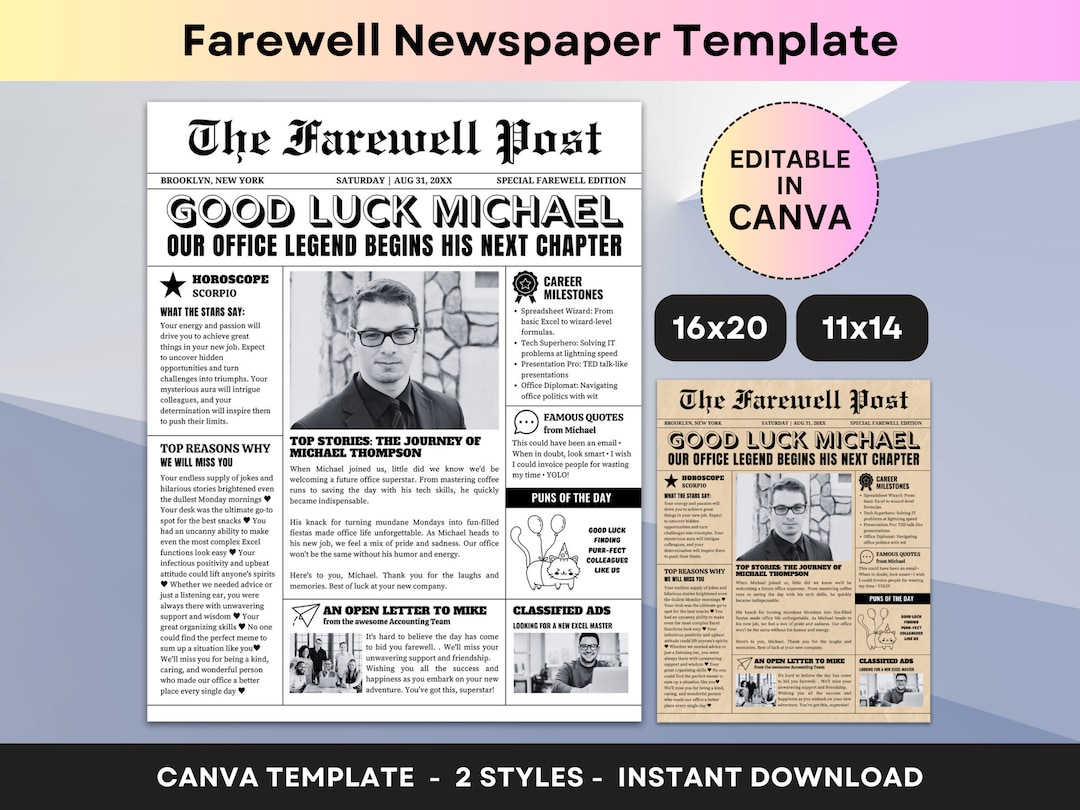 Farewell Newspaper Personalized Retirement Gift Goodbye Party