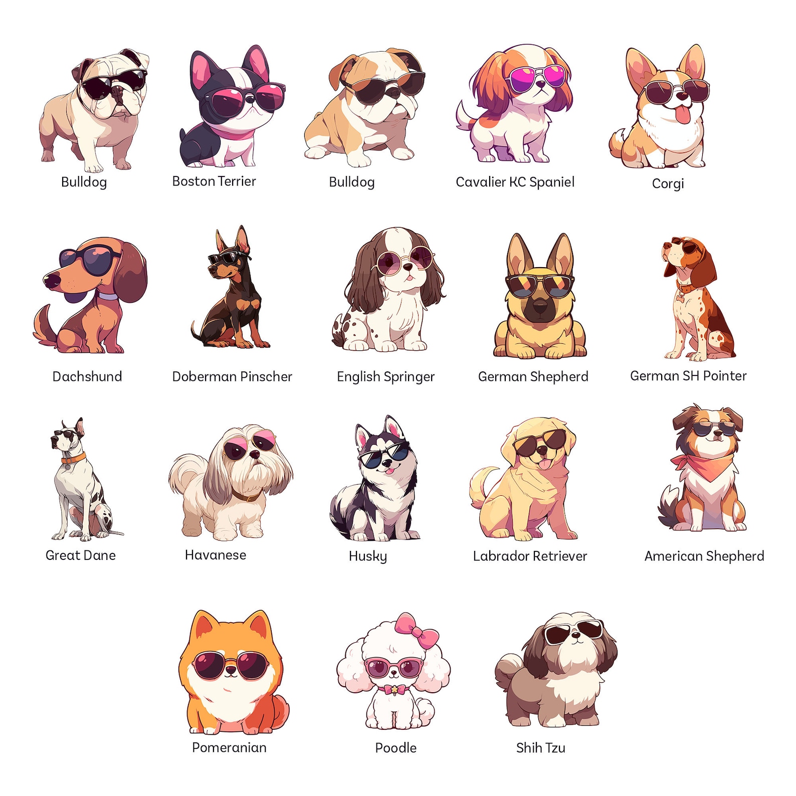 Dog Breed Clipart Cute Dog PNG Bundle Cool Summer Dog in Sunglasses ...