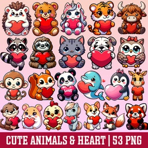 Cute Animals Holding Heart Clipart Transparent PNG Bundle Set Valentine ...
