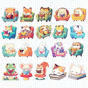 Cute Book Lover PNG Bundle Kawaii Animal Reading Books Clipart Funny ...