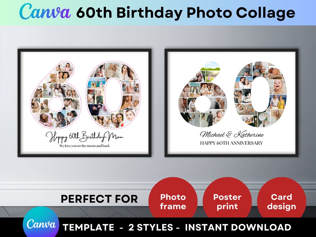 60th Birthday Number 60 Photo Collage Canva Template Personalized ...