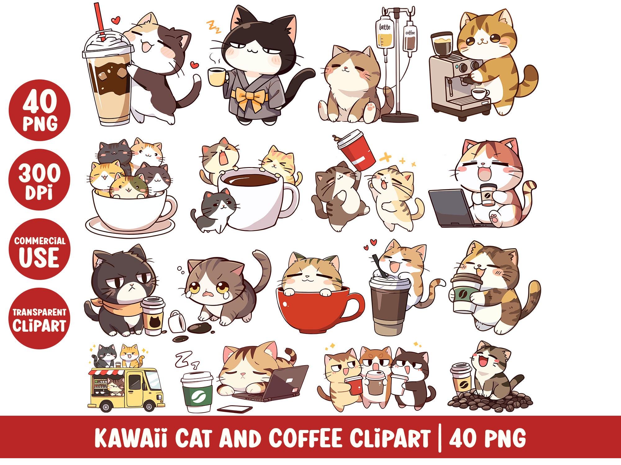 Coffee Lover Cat PNG Cute Cat Drink Coffee Clipart Kawaii Caffeine ...