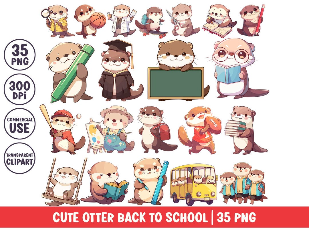 Cute Otter Back to School Clipart PNG Bundle Set Kawaii Otter School ...