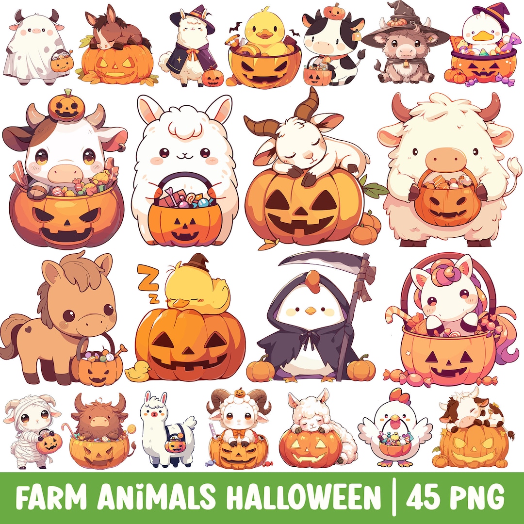 Farm Animals Halloween Clipart Cute Barn Animal and Pumpkin PNG Trick ...