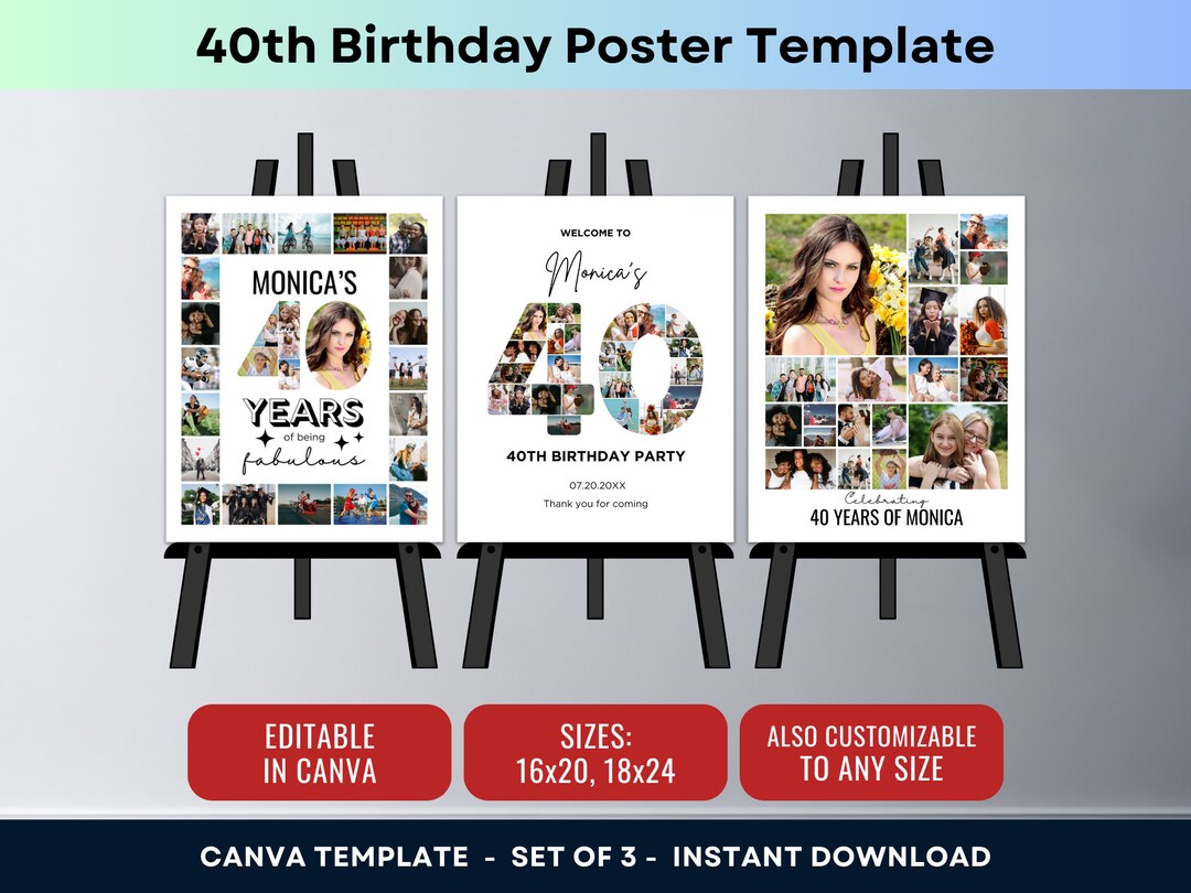 40th Birthday Photo Collage Number 40 Printable Party Sign Welcome ...