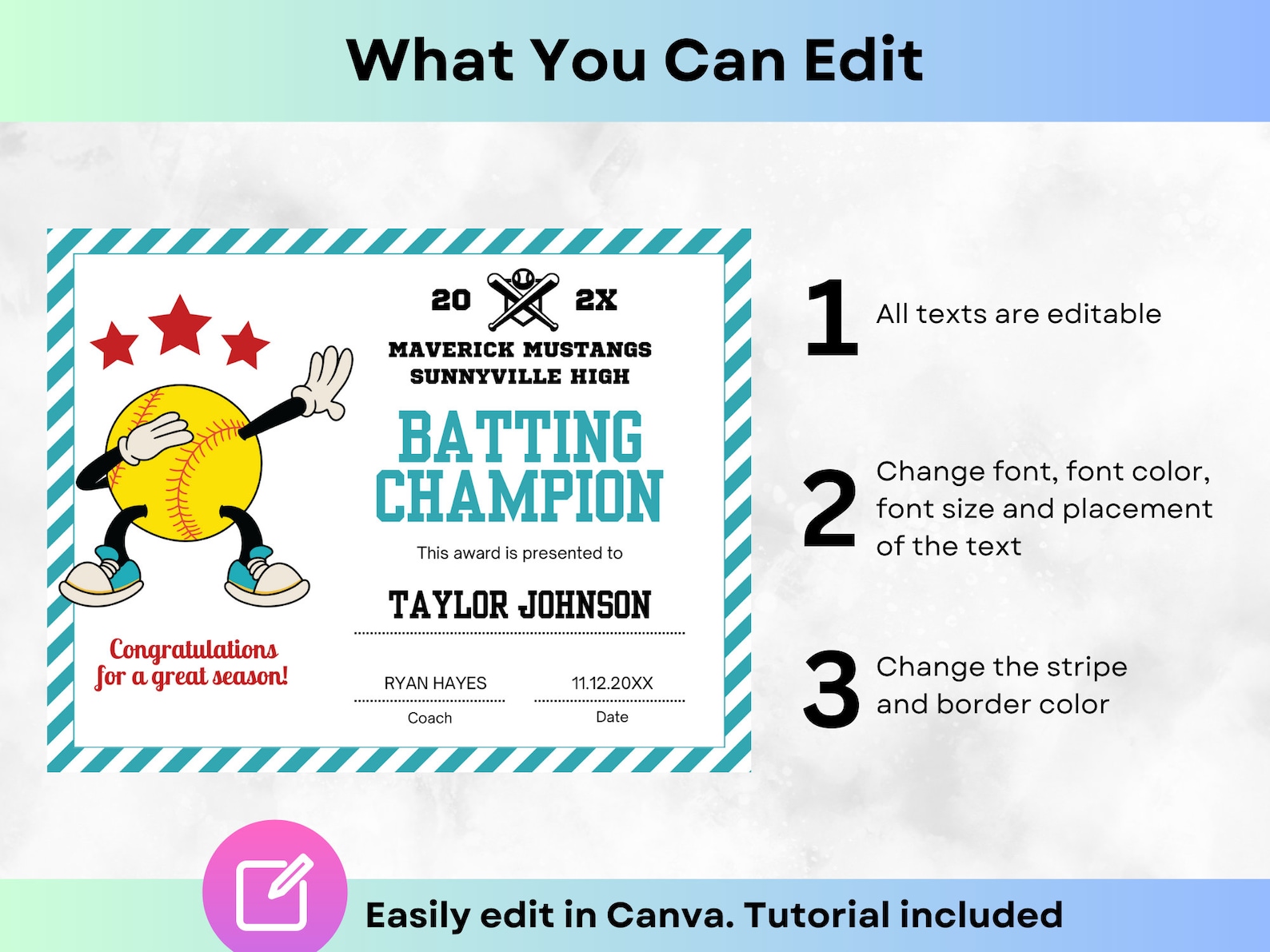 Softball Certificate Editable Kids Softball Team Awards Canva Template ...