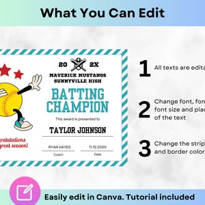 Softball Certificate Editable Kids Softball Team Awards Canva Template ...