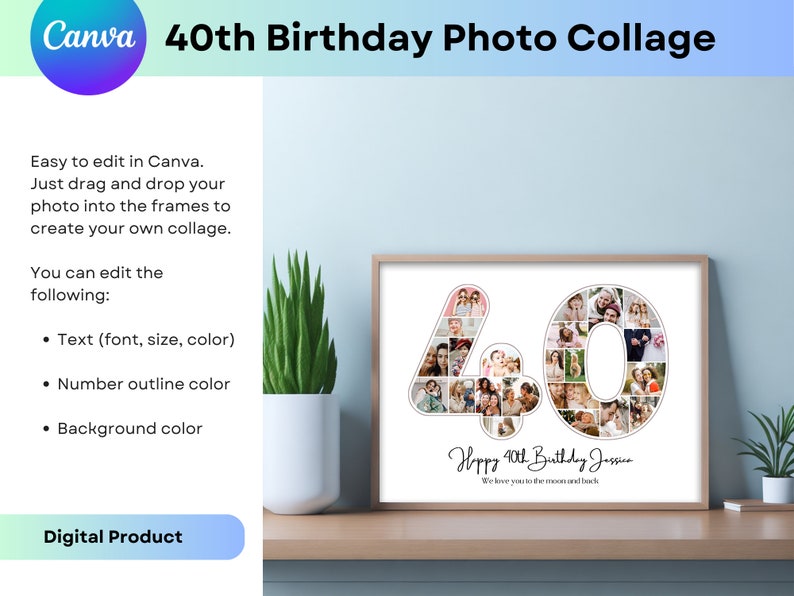 40th Birthday Number 40 Photo Collage Canva Template Personalized ...