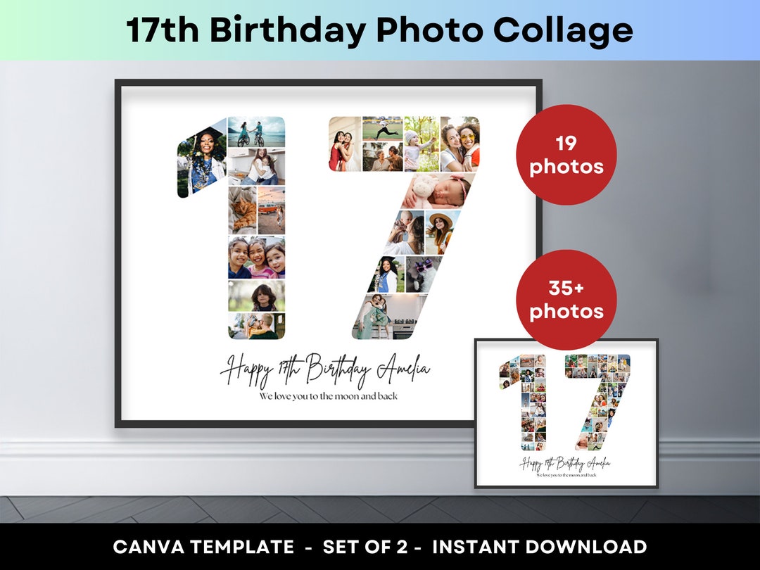 17th Birthday Number 17 Photo Collage Printable Canva Frame Template ...