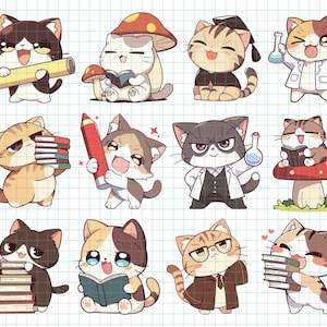 Cute Cat Back to School PNG Clipart Kawaii Cat Reading Book Lover ...