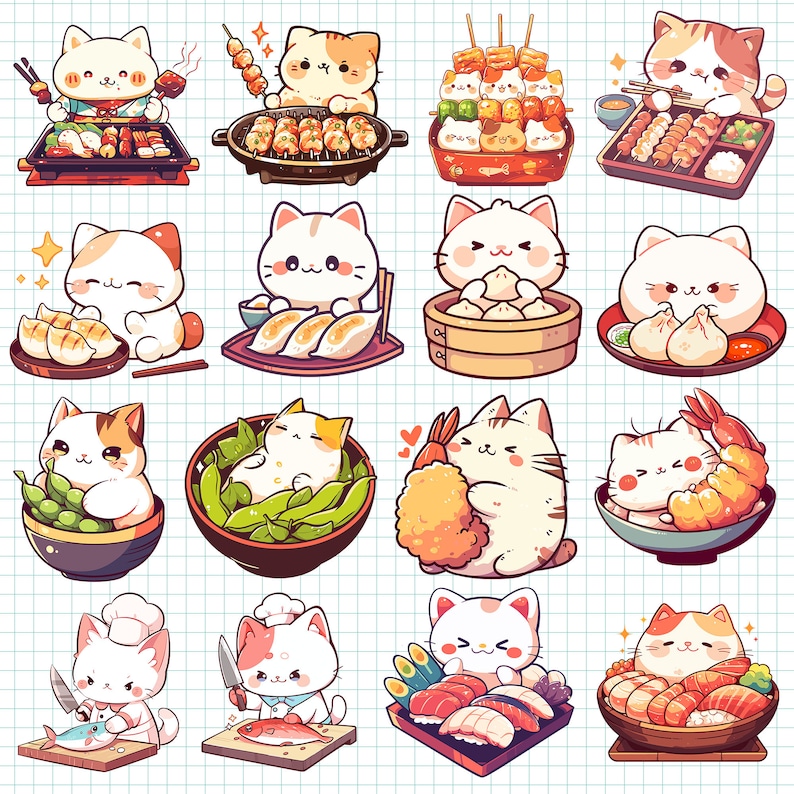 Kawaii Cat Japanese Food PNG Bundle Cute Kitten Clipart Set Cat Lover ...