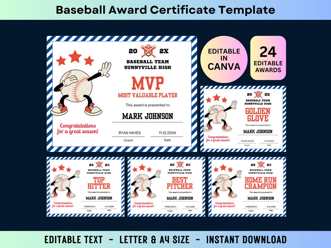 Baseball Certificate Editable Kids Baseball Team Awards Canva Template ...