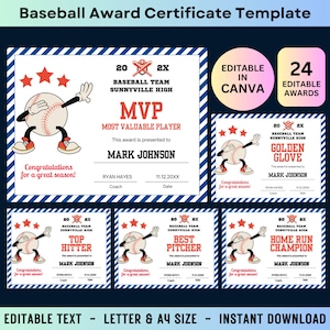 Baseball Certificate Editable Kids Baseball Team Awards Canva Template ...