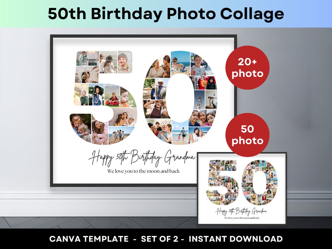 50th Birthday Number 50 Photo Collage Printable Canva Frame Template ...