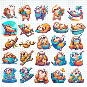 Cute Sloth Clipart Sloth PNG Bundle Kawaii Animal Cartoon Watercolor ...