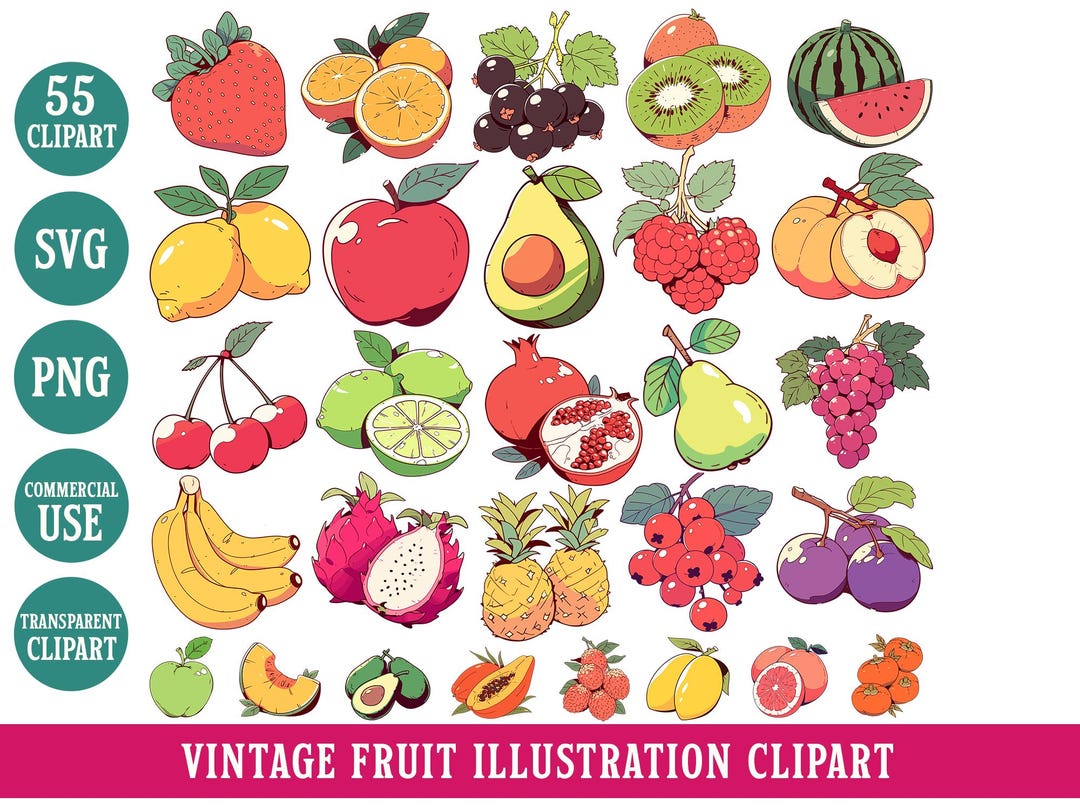 Vintage Fruit Clipart PNG Bundle Set Tropical Fruits SVG Watercolor ...
