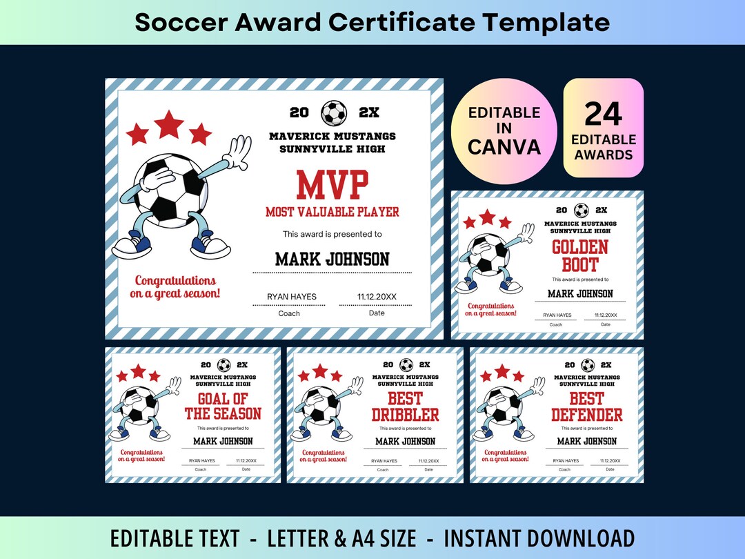 Soccer Certificate Editable Kids Soccer Team Awards Canva Template ...
