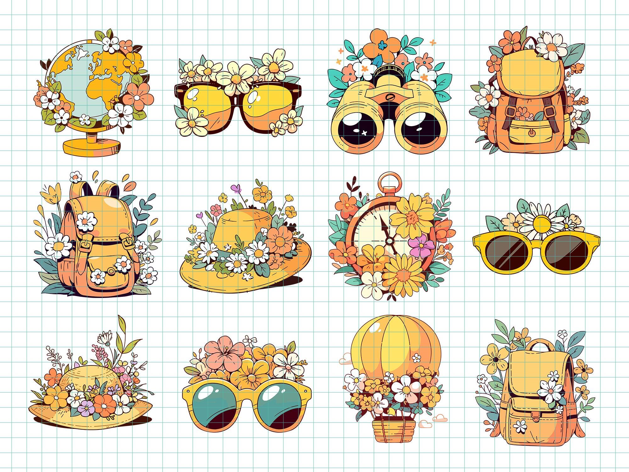 Floral Travel Clipart Cute Wanderlust Flower PNG Vintage Retro Boho ...