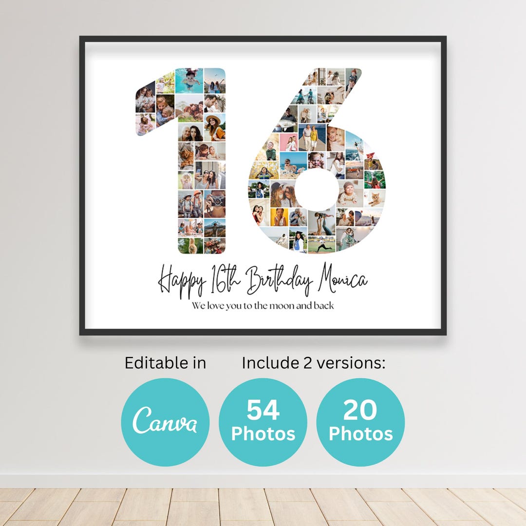 16th Birthday Number 16 Photo Collage Printable Canva Frame Template ...
