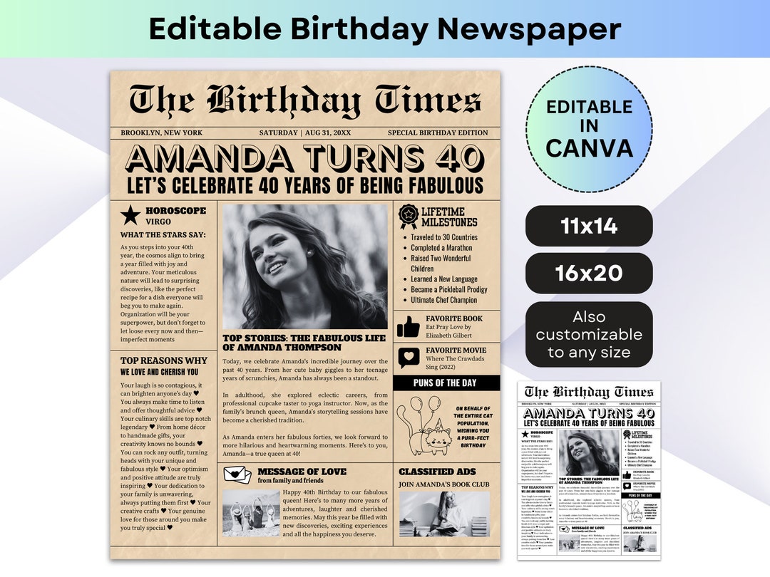 Birthday Newspaper Template Party Decoration Welcome Board Printable ...