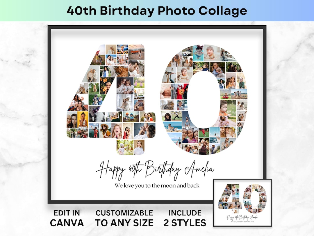 40th Birthday Number 40 Photo Collage Printable Canva Frame Template ...