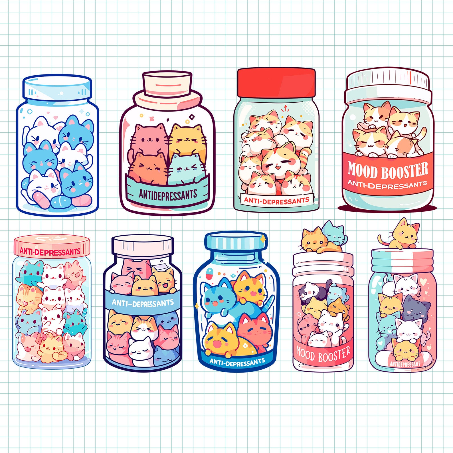 Cute Antidepressant Cats Dogs PNG Bundle Set Kawaii Cat Dog in Pill ...