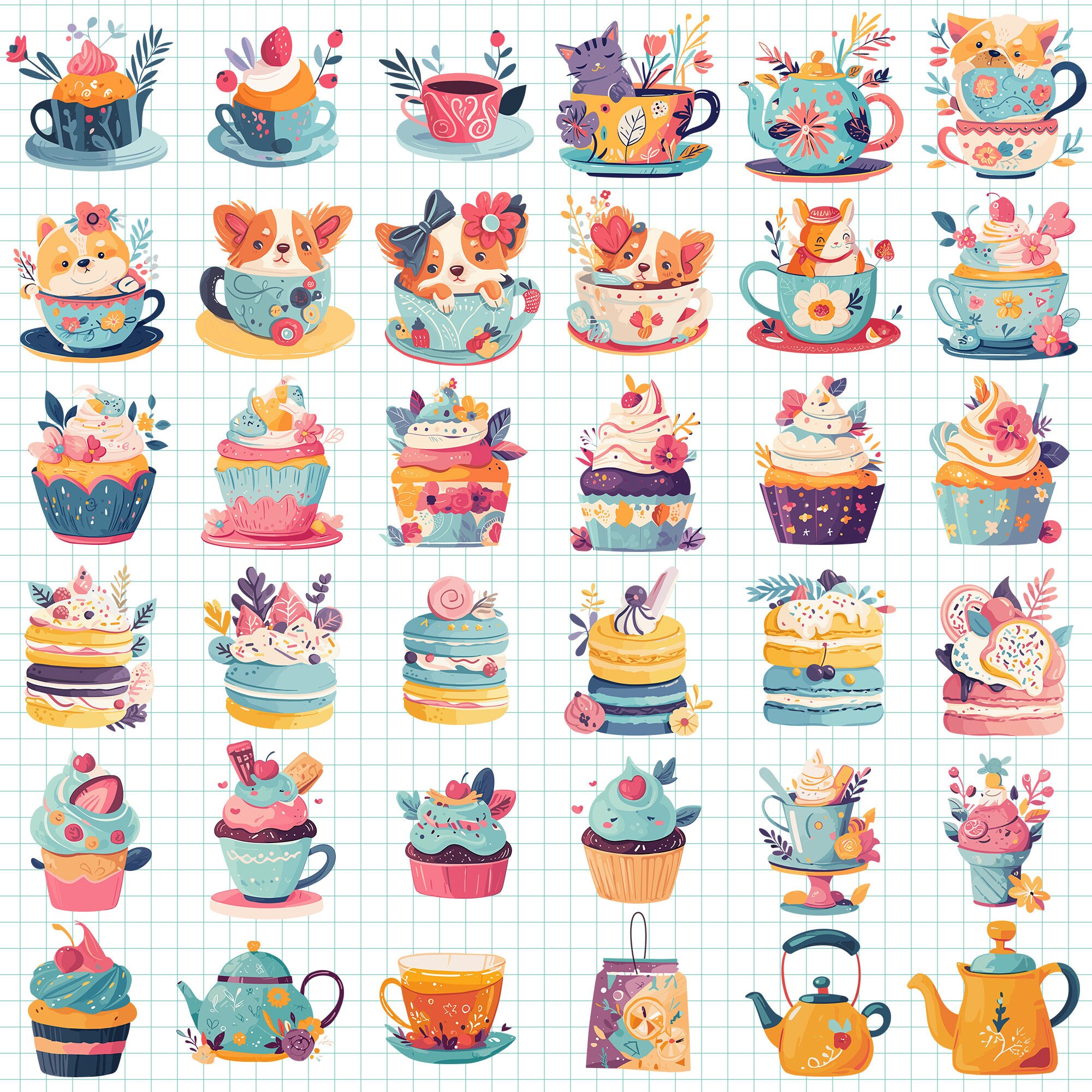 Cute Tea Party Clipart Transparent PNG Bundle Set Teapot Teacup Cupcake ...