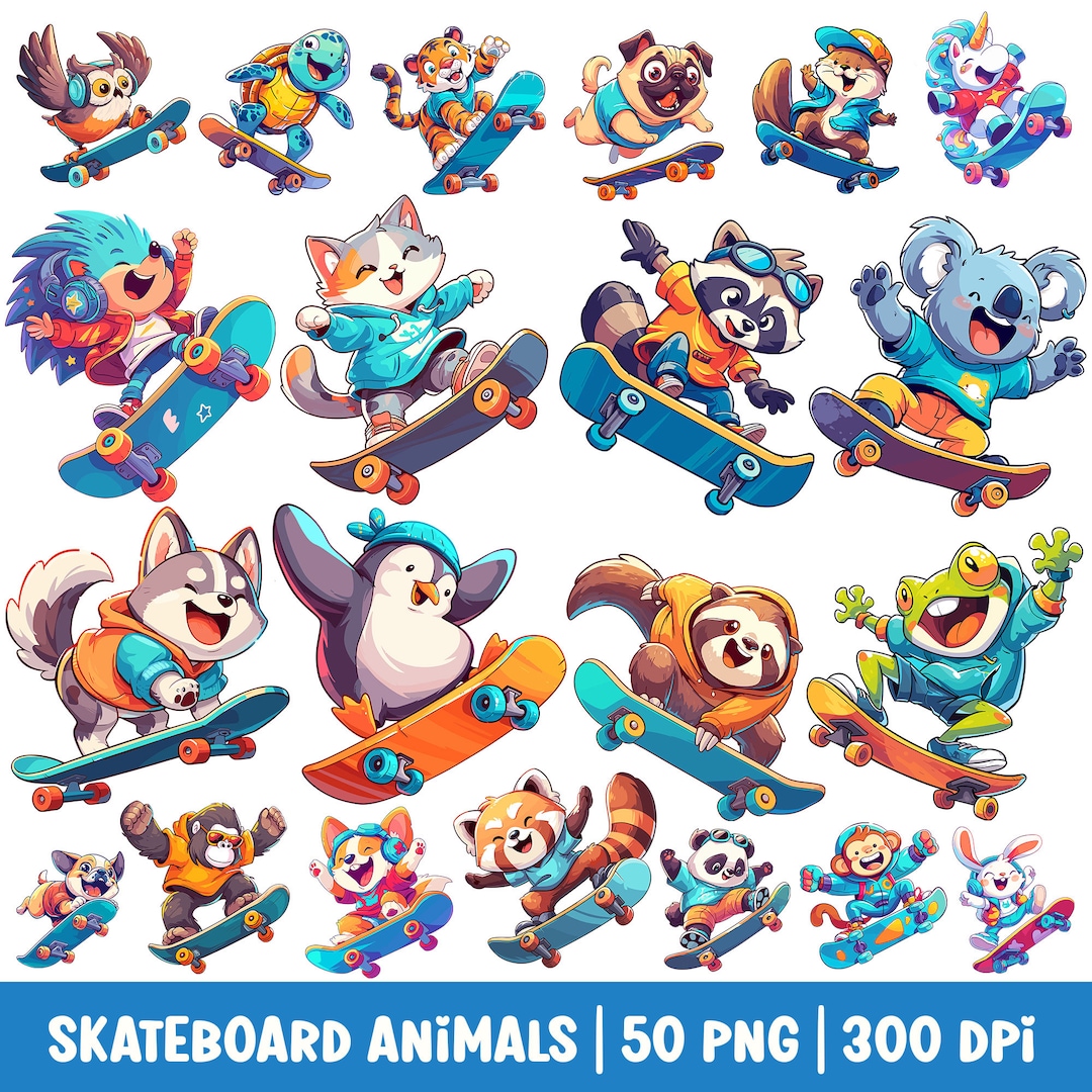 Cute Skateboarding Animal Clipart Cool Skater PNG Bundle Animal Riding ...